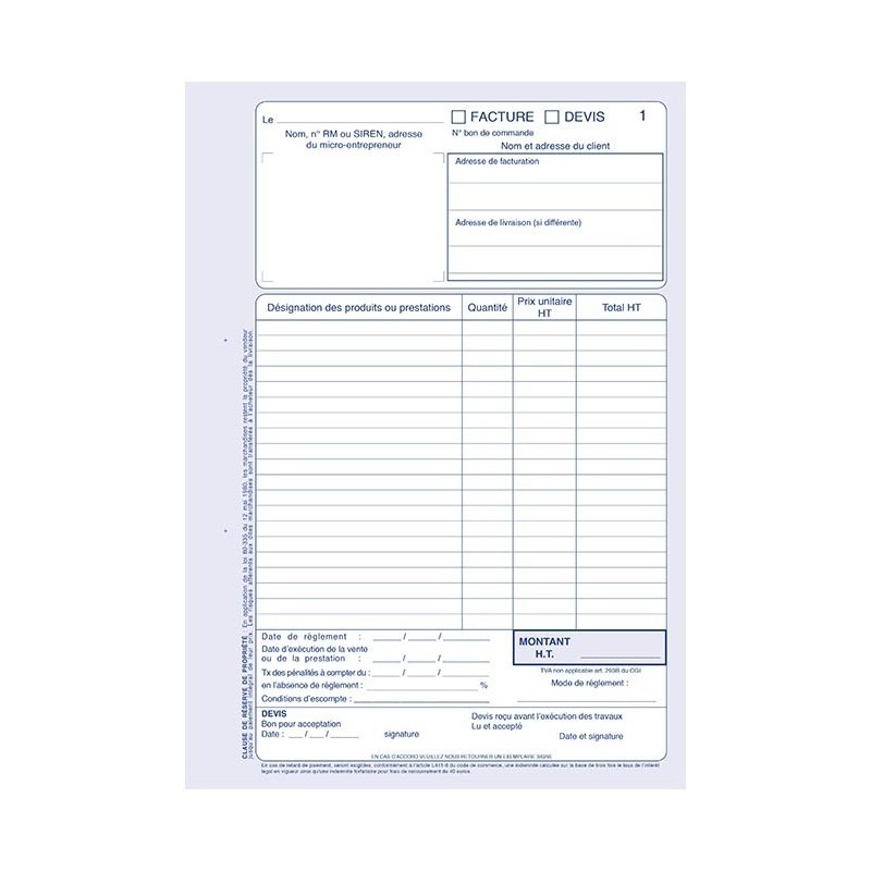 Carnet auto-entrepreneurs sans TVA "Factures/ Devis" - A4 - 40 dupli Elve